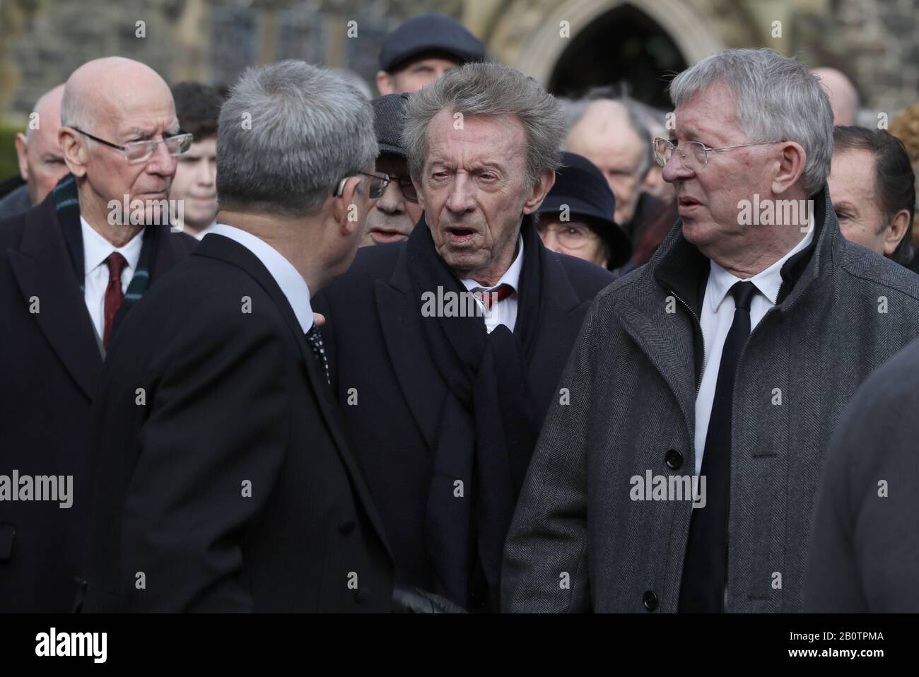 Sir Bobby Charlton, Denis Law and Sir Alex Ferguson outside St Patrick ...