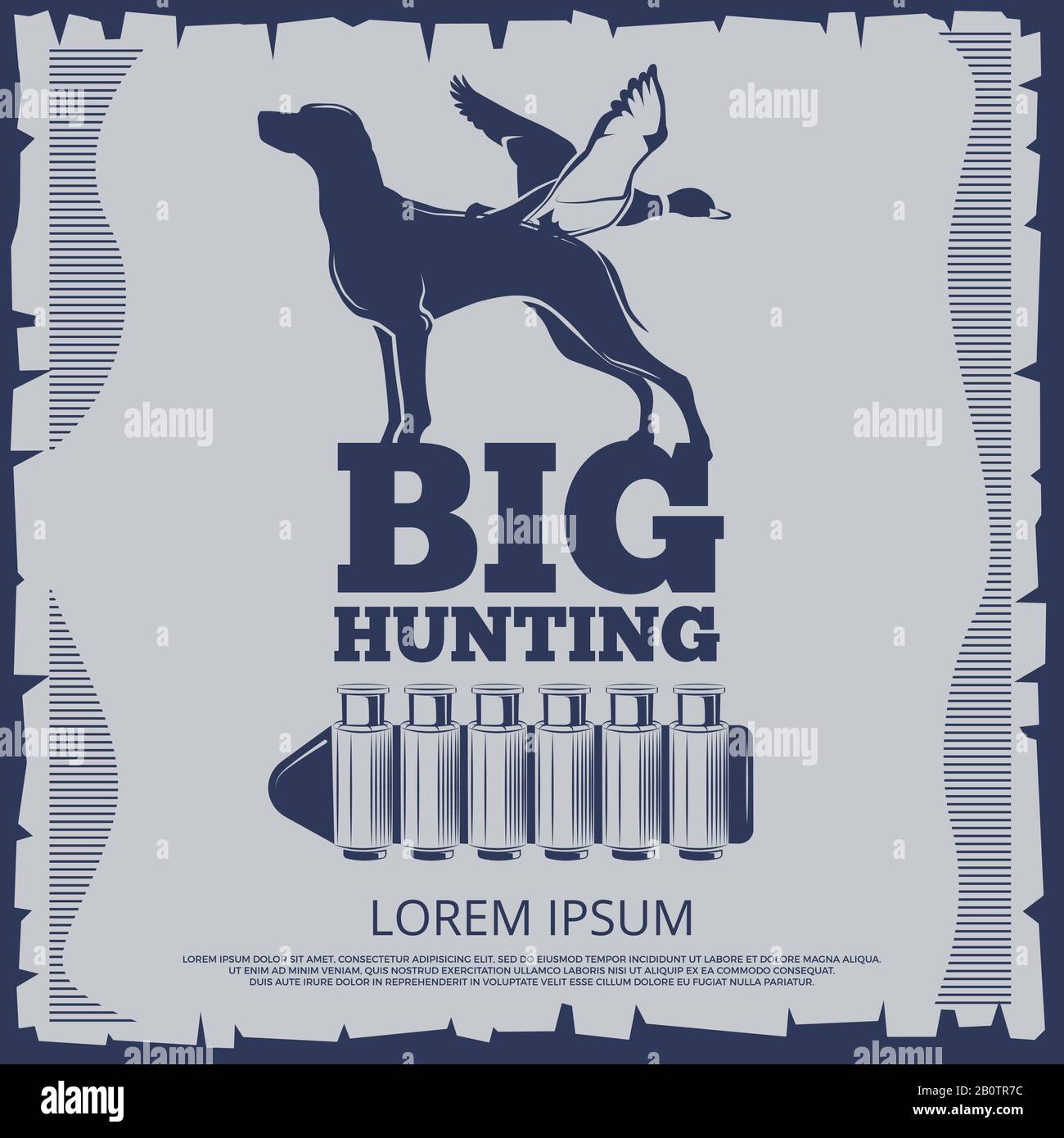 Big hunting poster design with duck, hound and ammunition. Vector ...