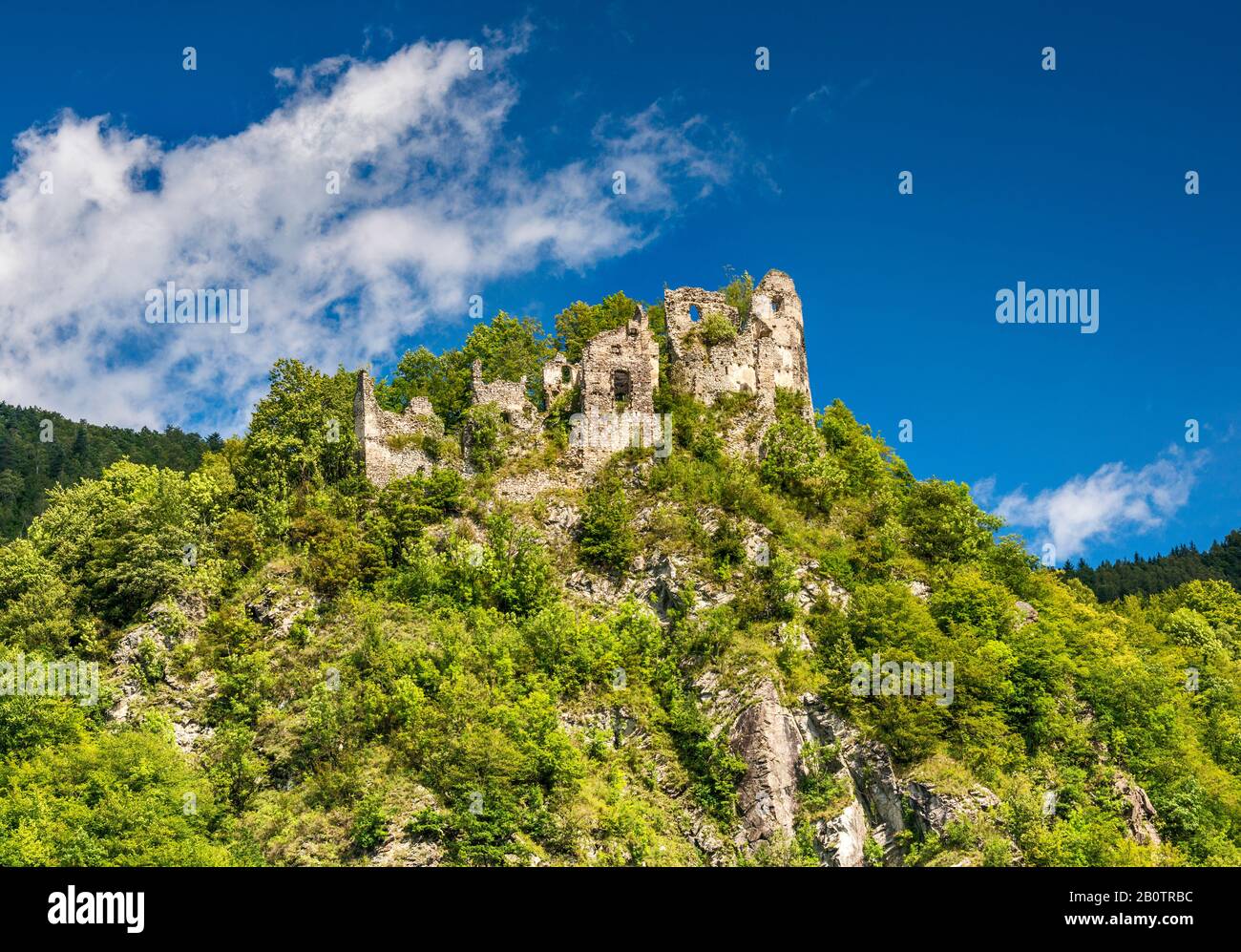 Starhrad (Old Castle) on mountaintop over Vah river, Mala Fatra ...