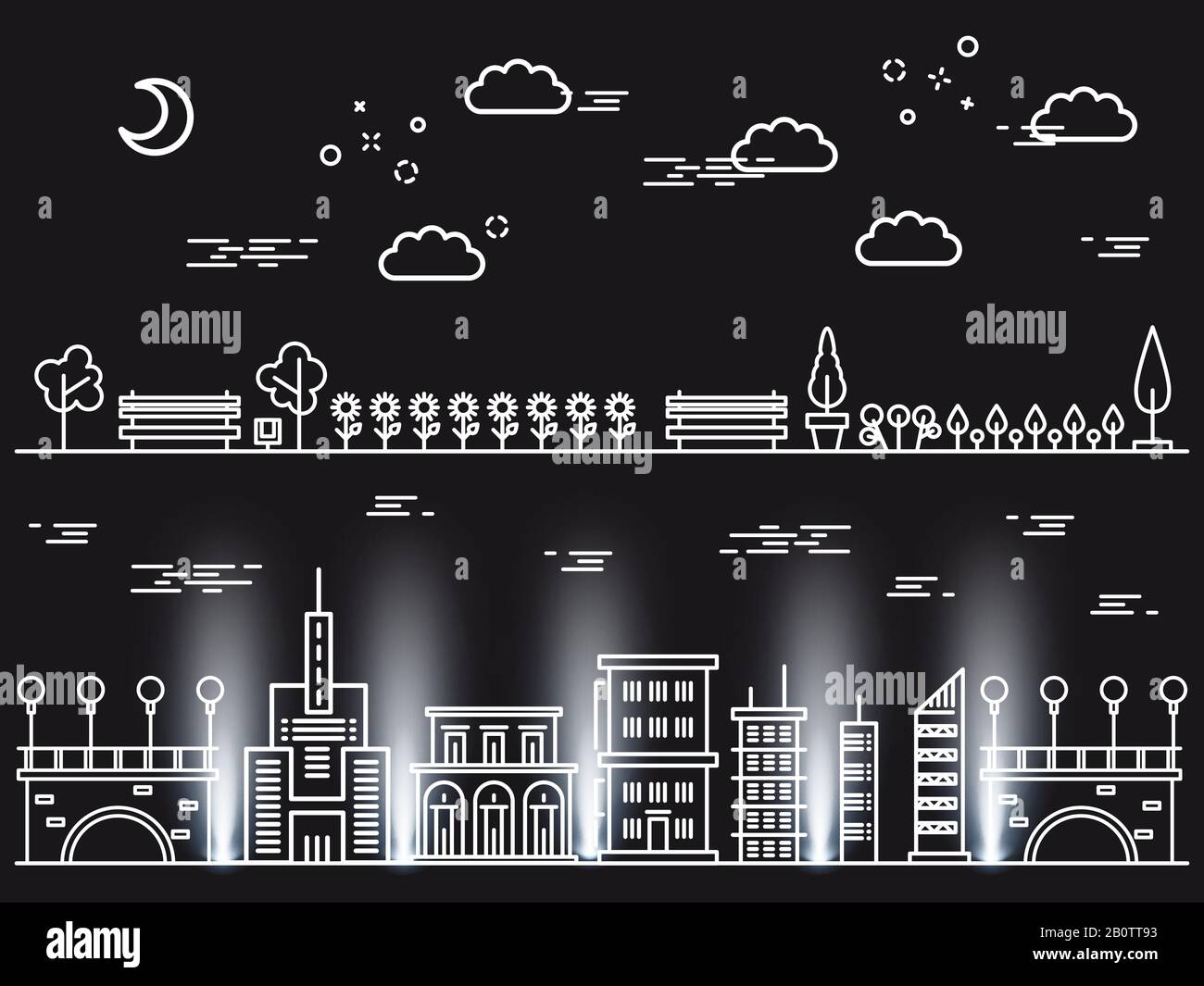 Line art landscapes concepts on black background - line city park and ...
