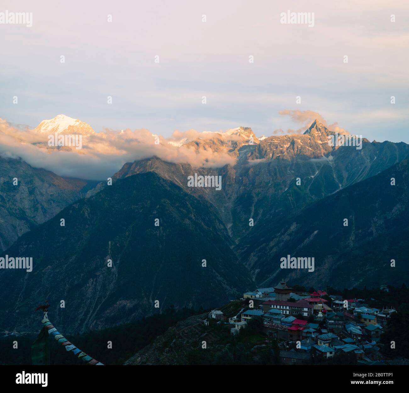 Elevated view of Kalpa village surrounded by peaks of the Himalayas ...