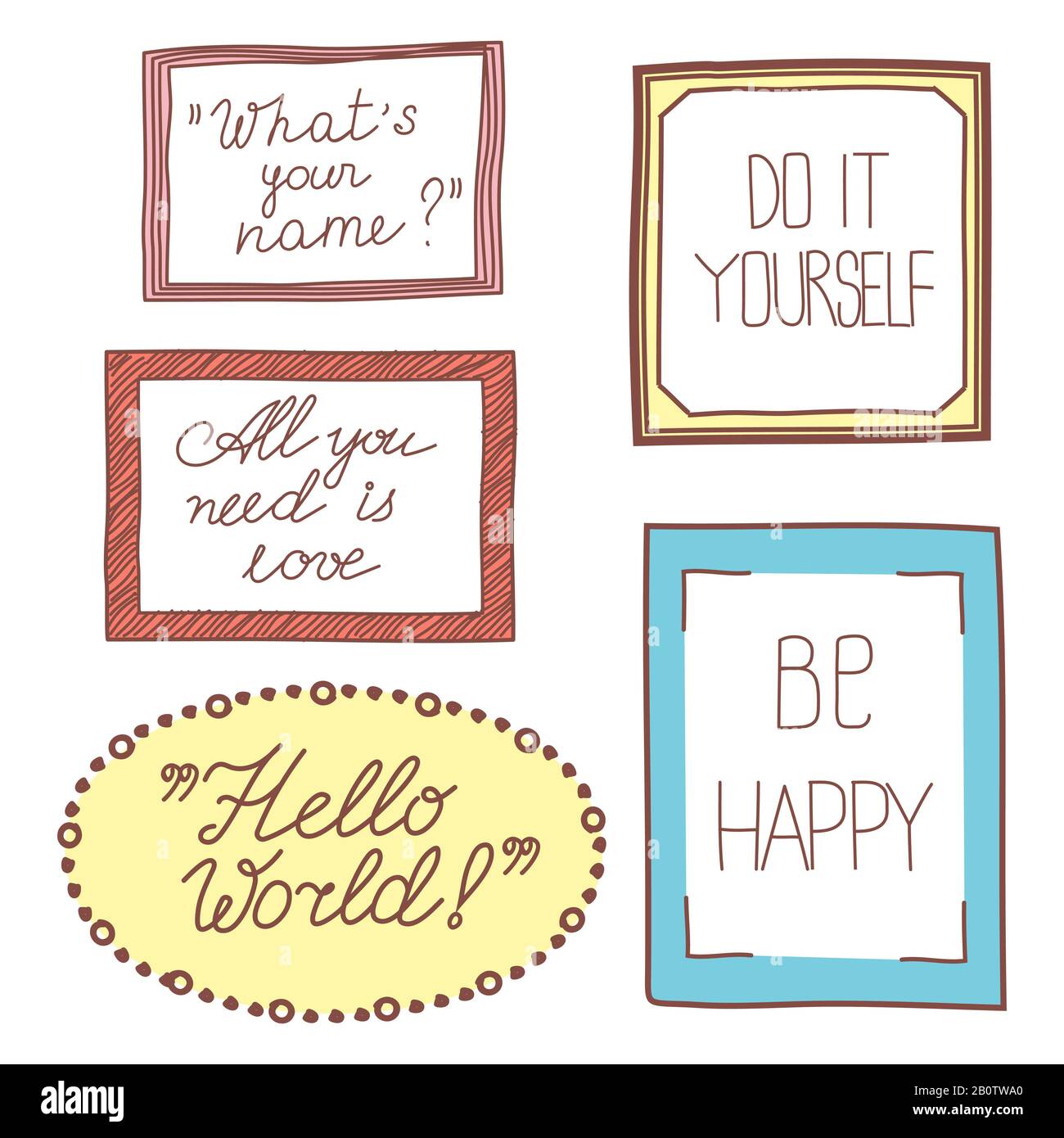 Colorful hand drawn vintage frames with lettering signs. Color design ...