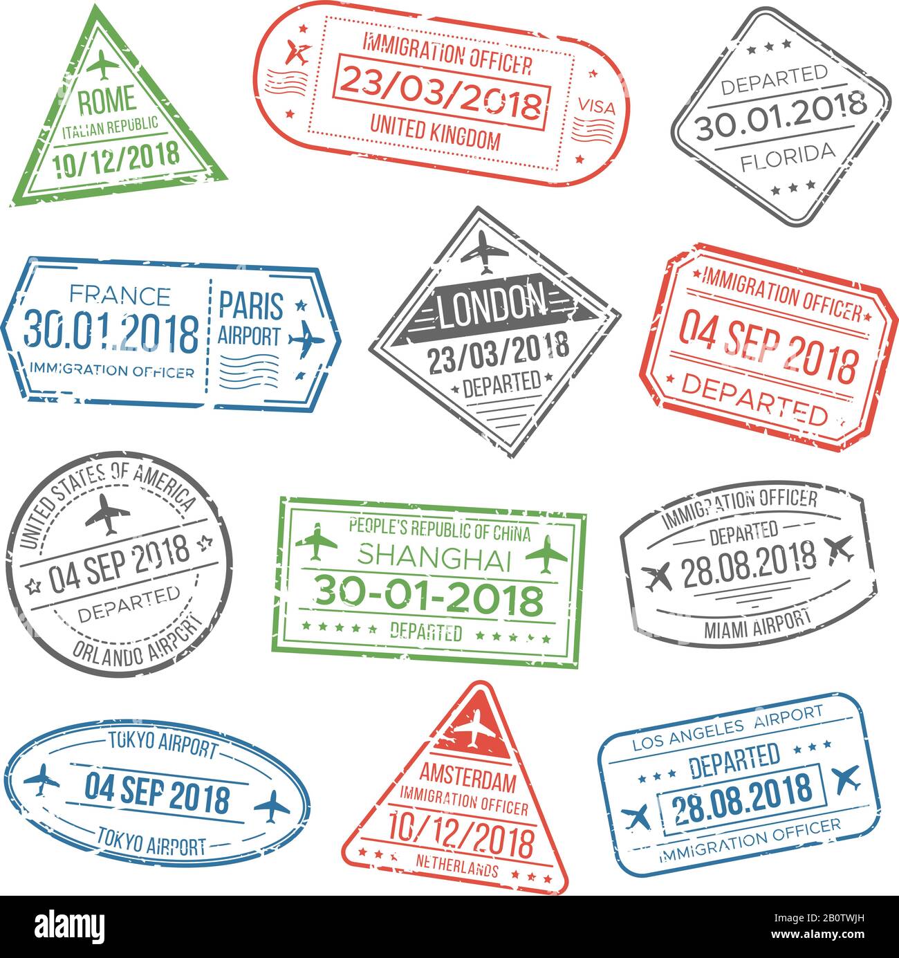 Visa travel cachet passport signs or airport stamps with framing ...