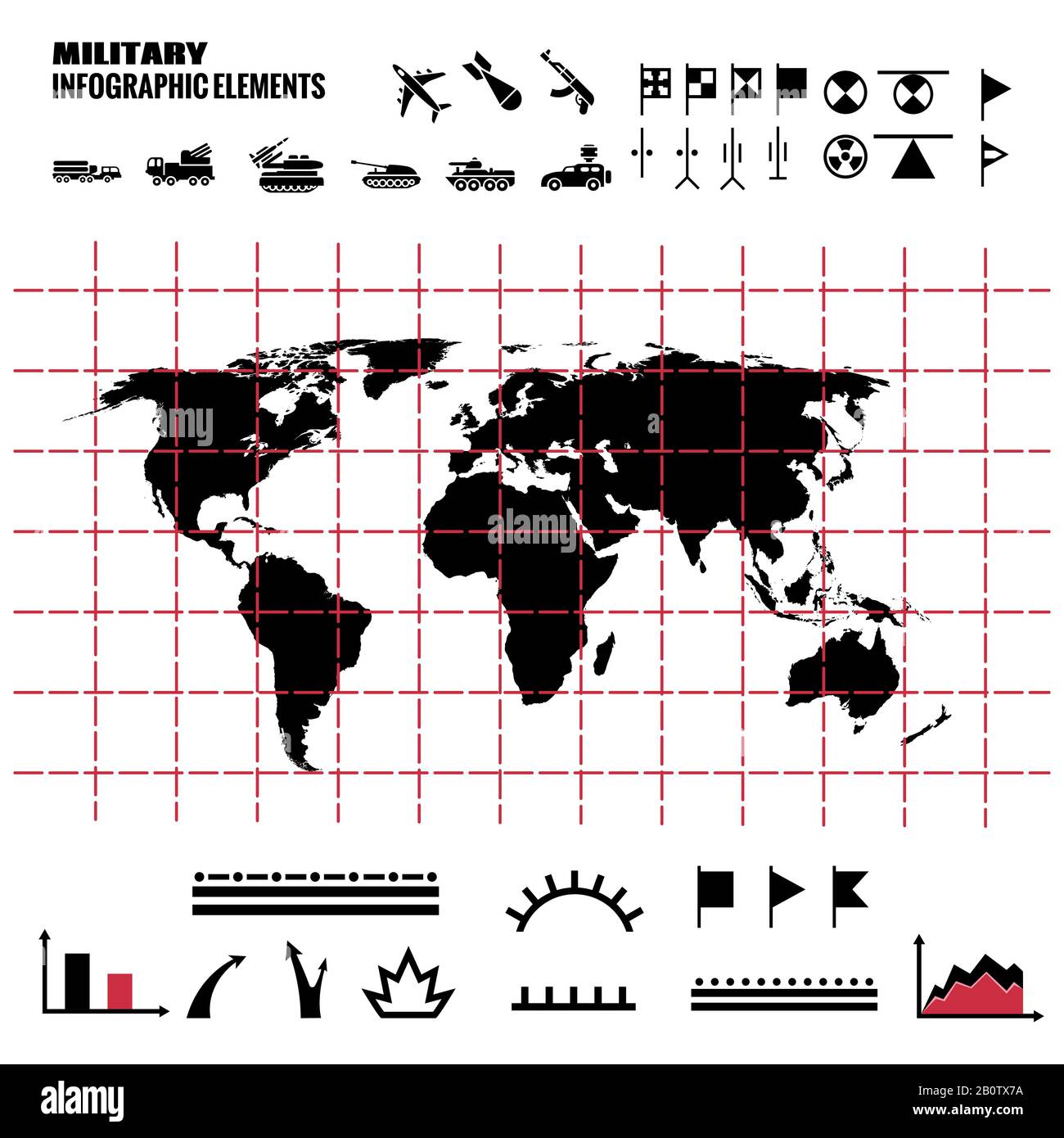 Military infographics elements with world map and icons. Black world ...
