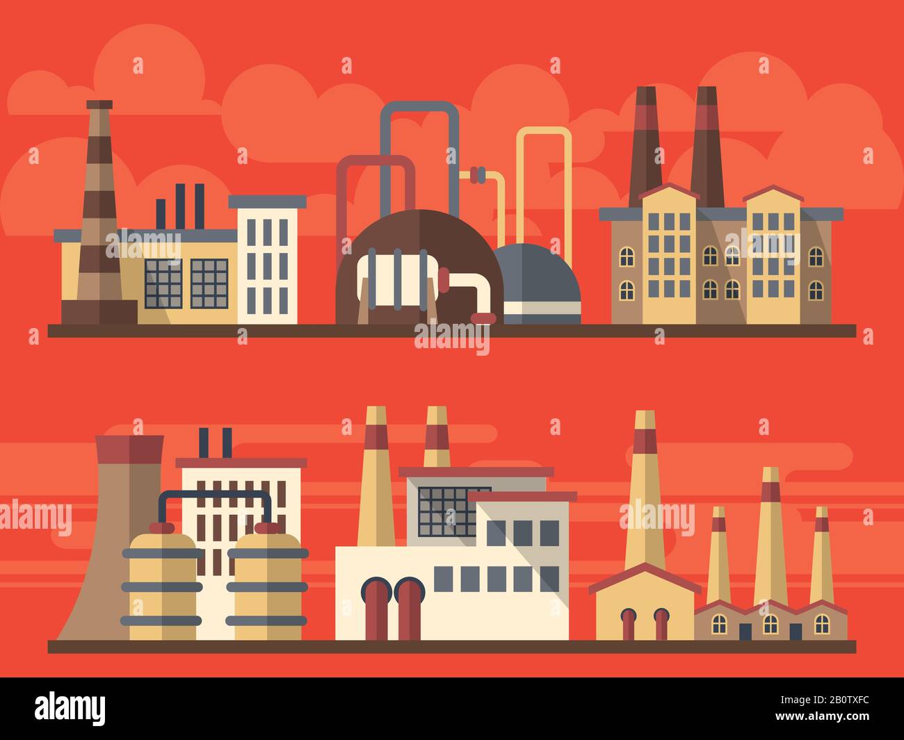 Flat industrial factory landsapes on bright background. Building ...