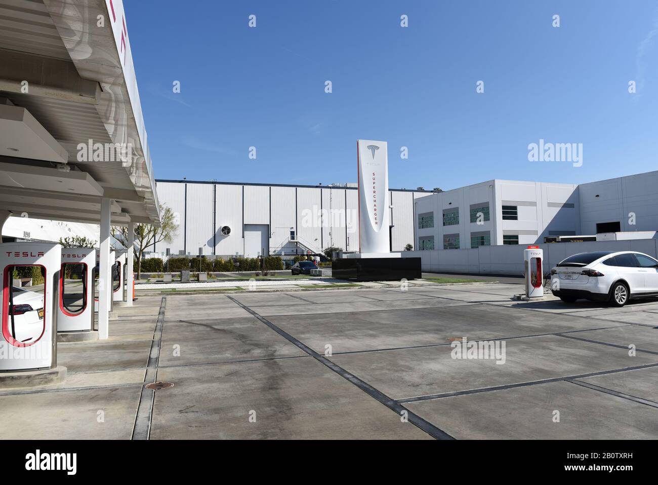 HAWTHORNE, CALIFORNIA - 17 FEB 2020: Tesla Supercharger station at the ...