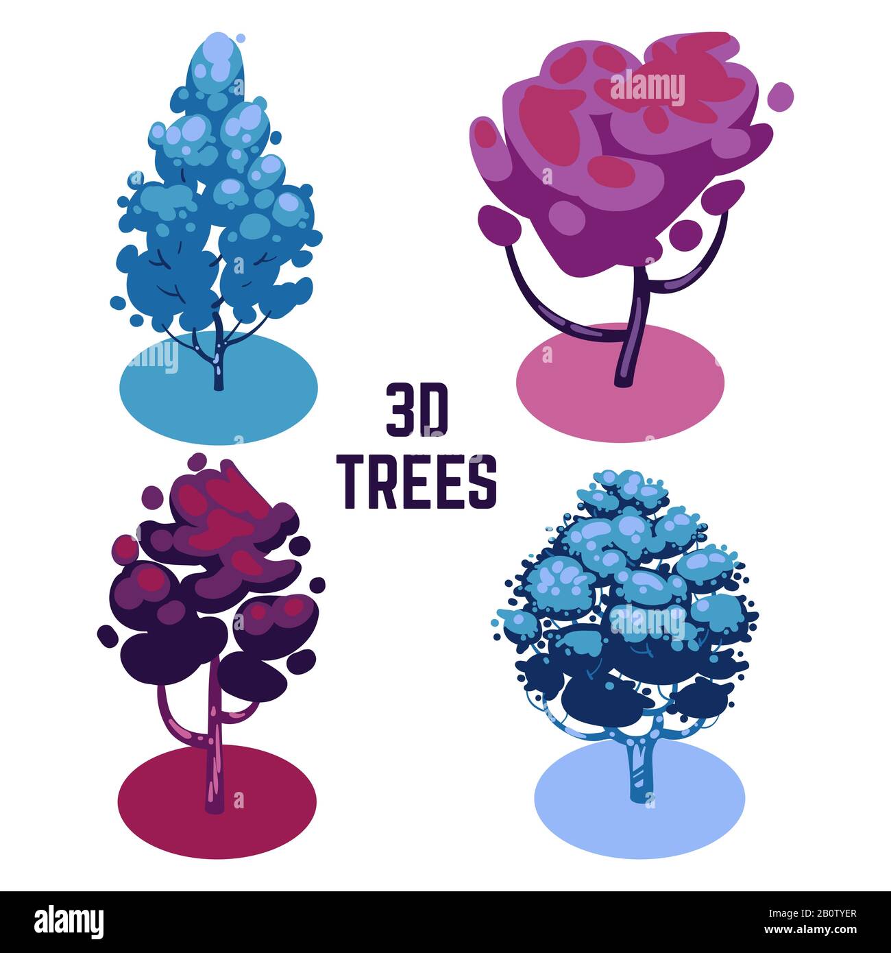Unusual colors trees collection - fantastic 3D trees isolated on white ...