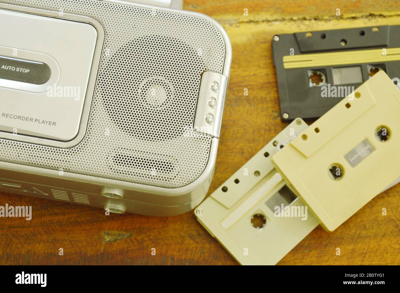 radio and cassette tape recorder on wooden table Stock Photo - Alamy
