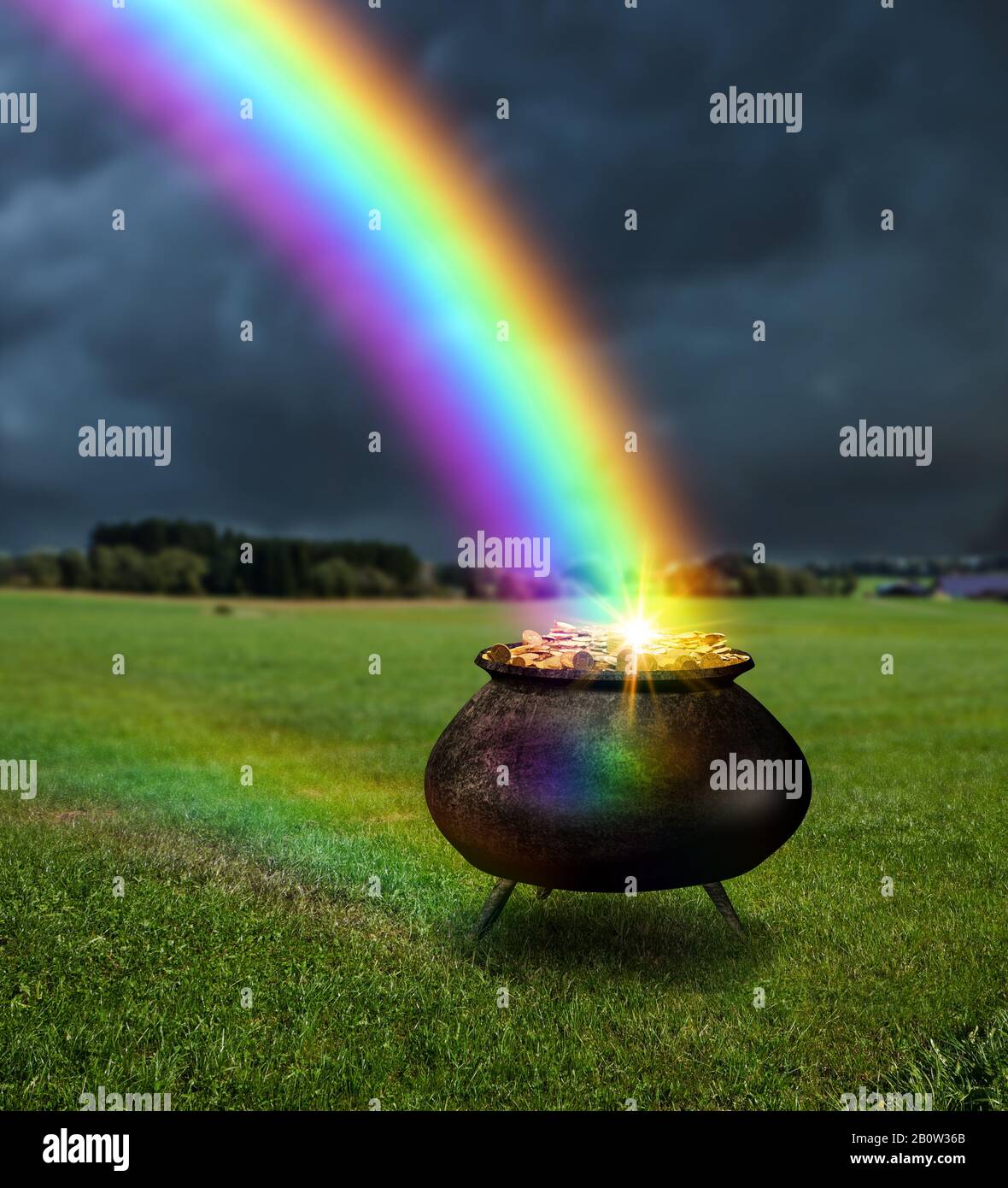 A magical pot, cauldron full of gold at the end of a raibow, 3d render ...