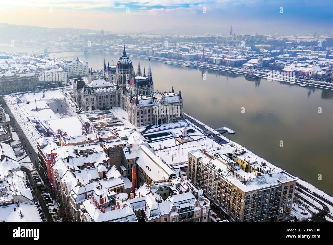 Budapest, Hungary - Snowy rooftops of Budapest at Kossuth Square with ...