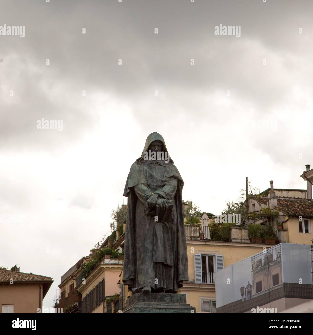 Giordano Bruno statue in Campo de' Fiori, Rome, under gray sky, square ...