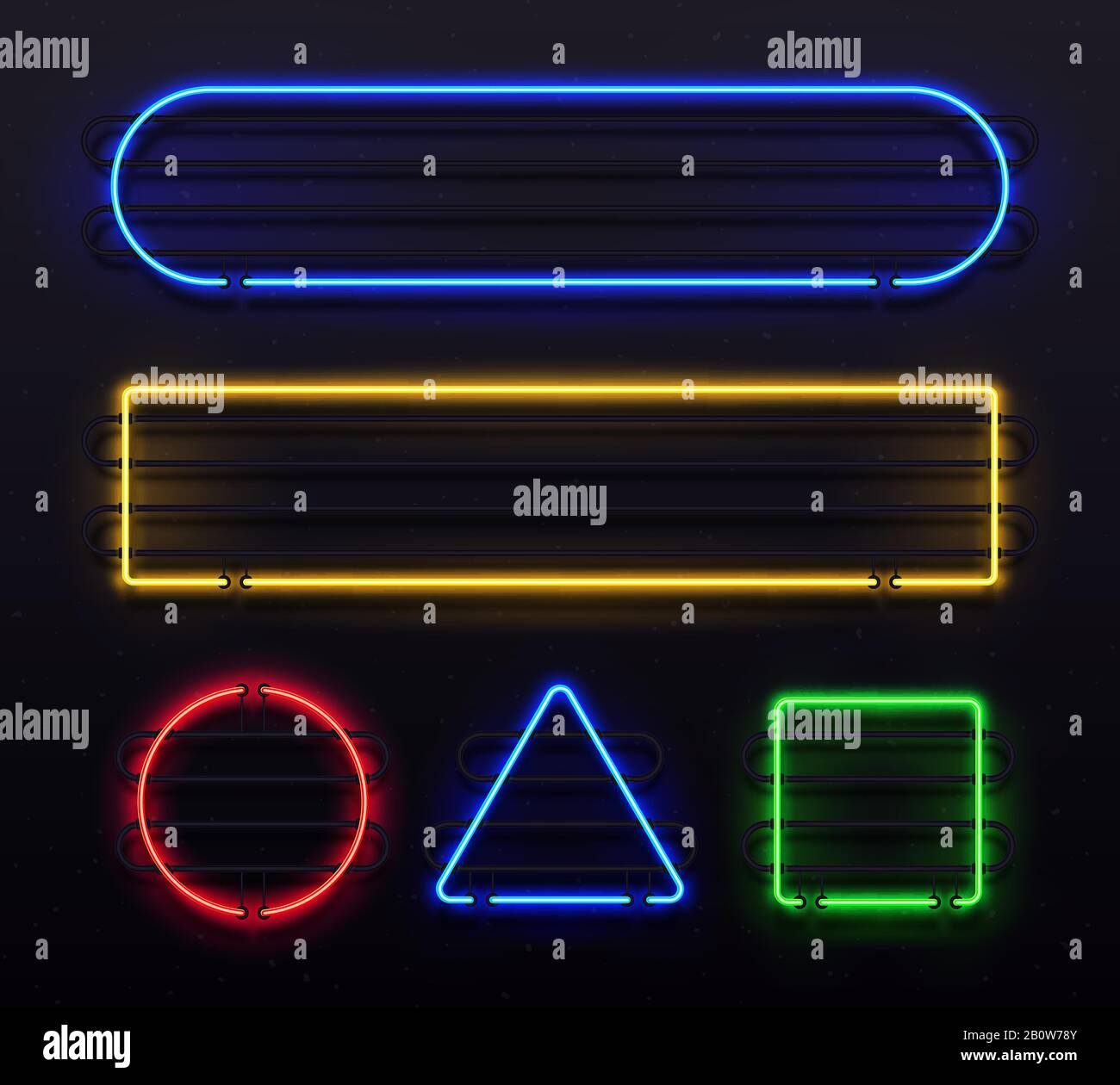 Realistic neon frame. Shiny banner with electric border glow and light ...