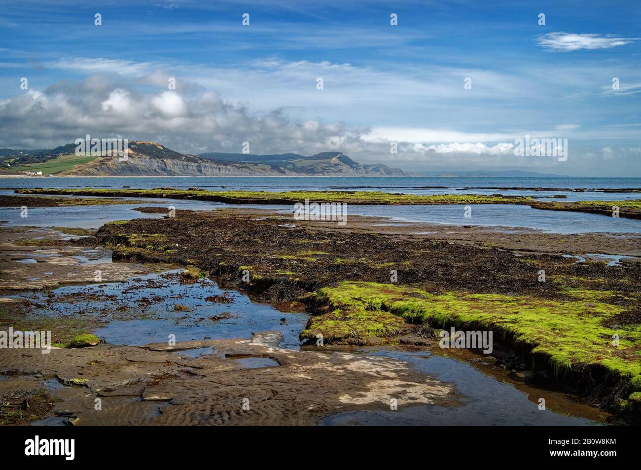 UK,Dorset,Lyme Regis,East Cliff Beach looking towards Golden Cap and ...
