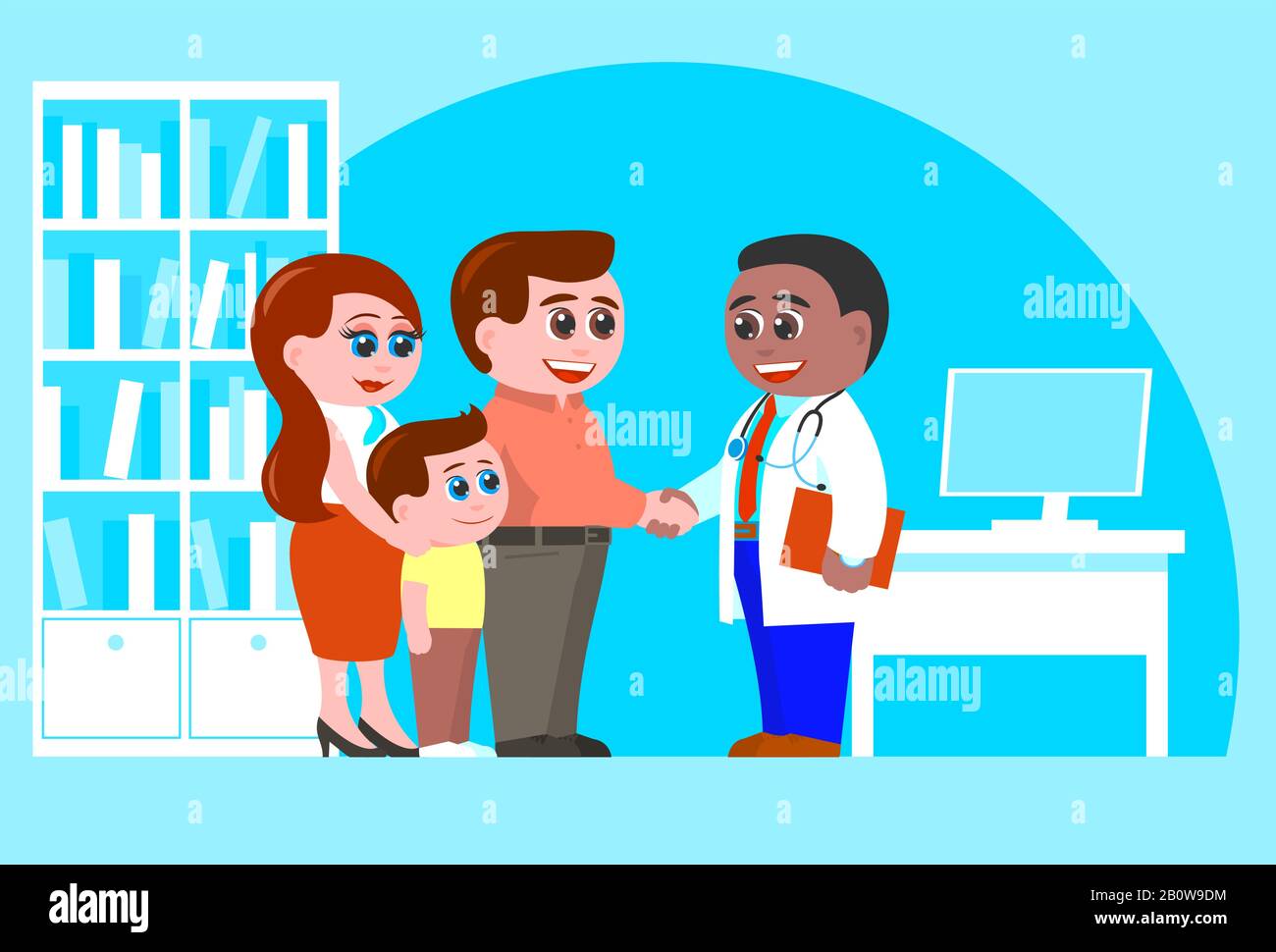 A father and son of school age communicate with a man as a pediatrician ...