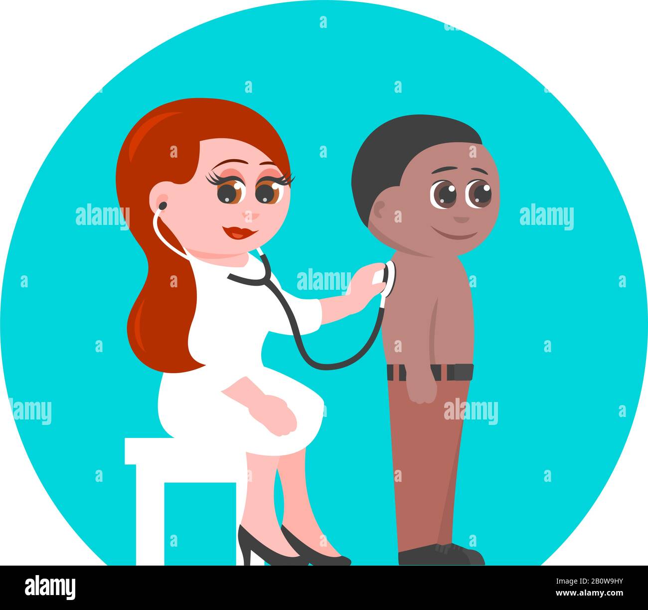 Woman pediatrician in a medical suit and a little boy. The doctor ...