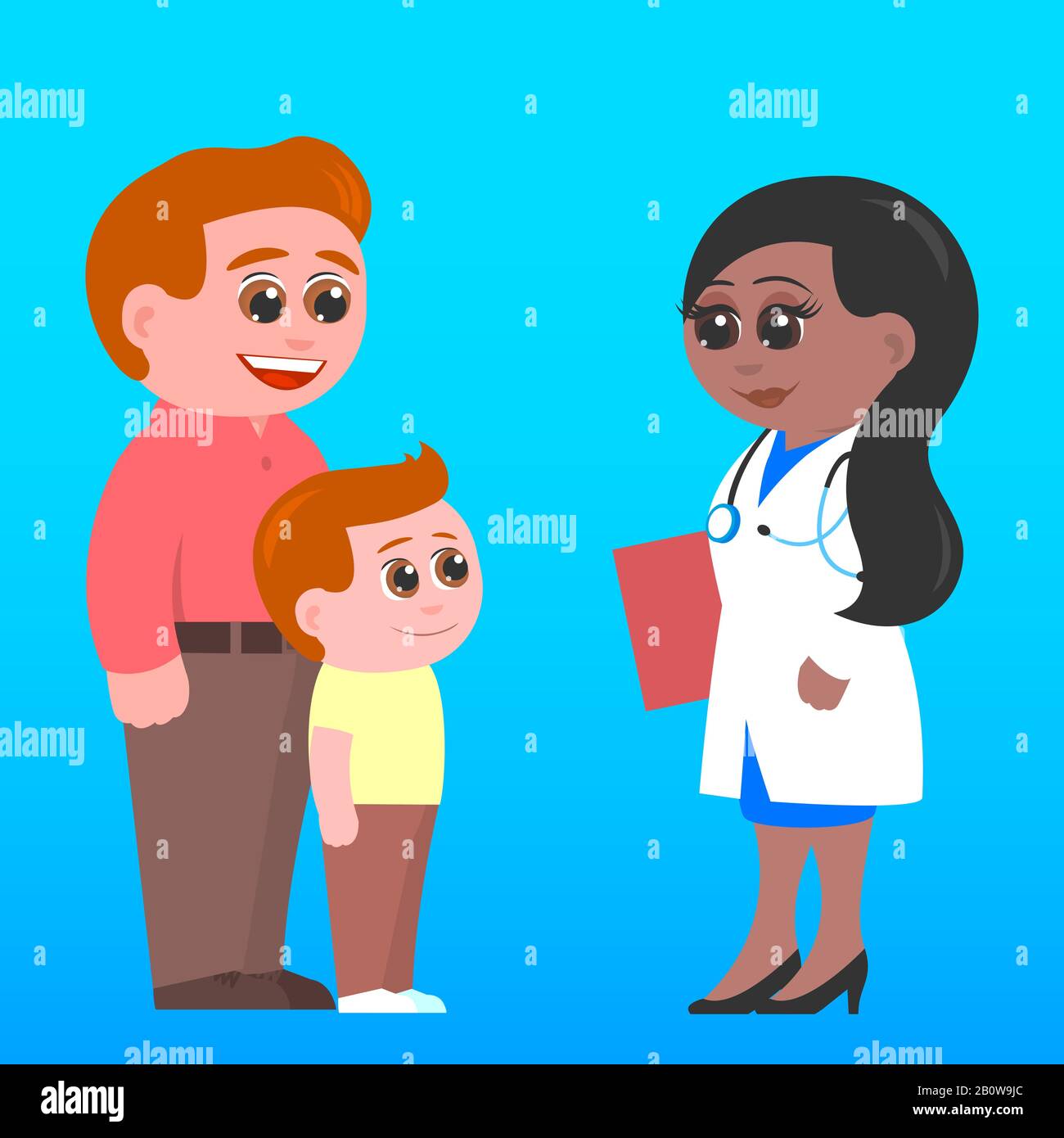 Father and little son meet a family doctor. Female pediatrician ...