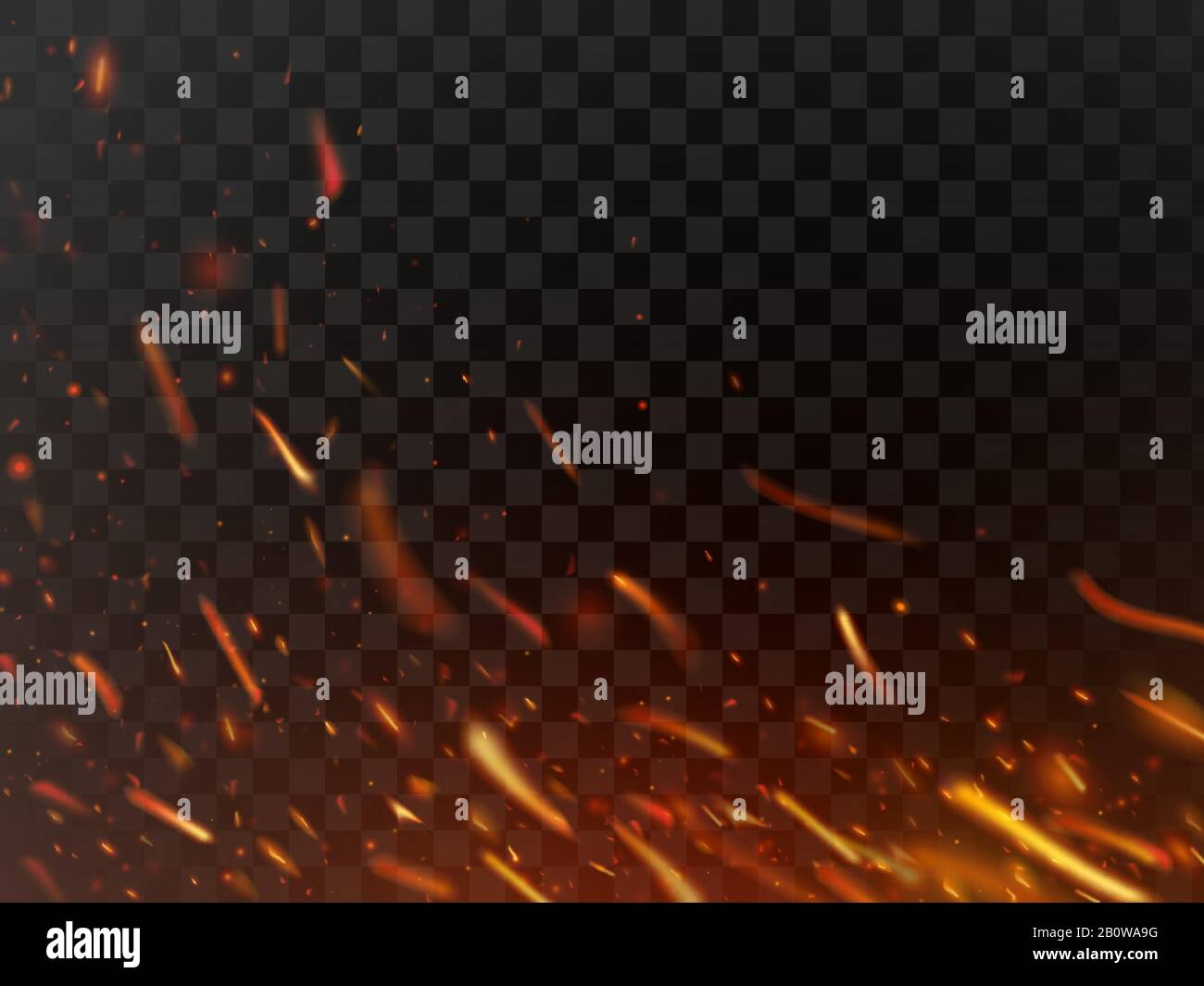 Close-up hot fiery sparkles and flame particles isolated. Inferno fire ...