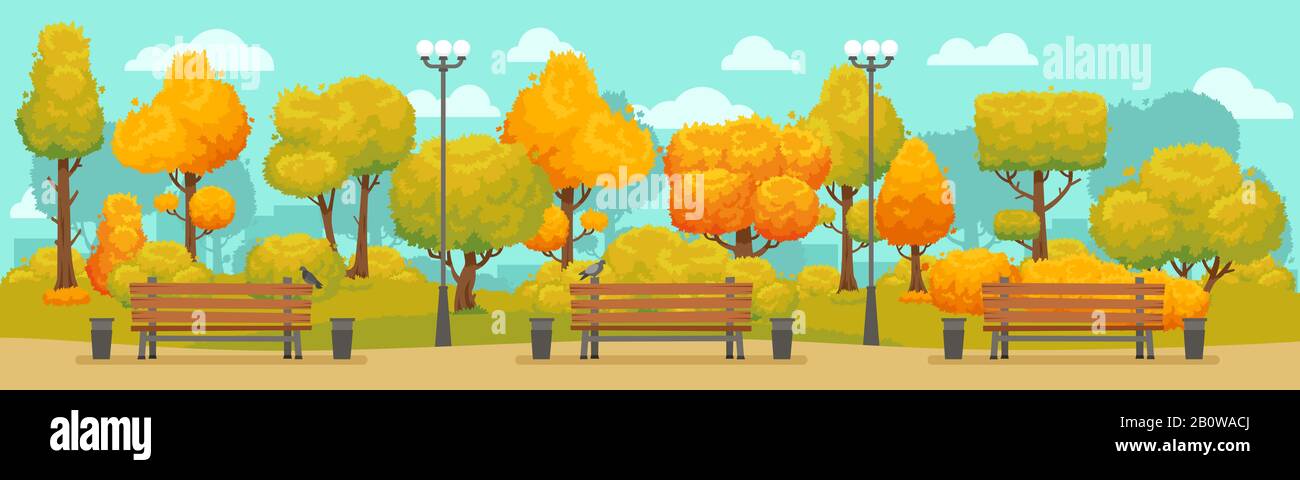 Cartoon autumn park panorama. Autumnal city parks road with yellow and ...