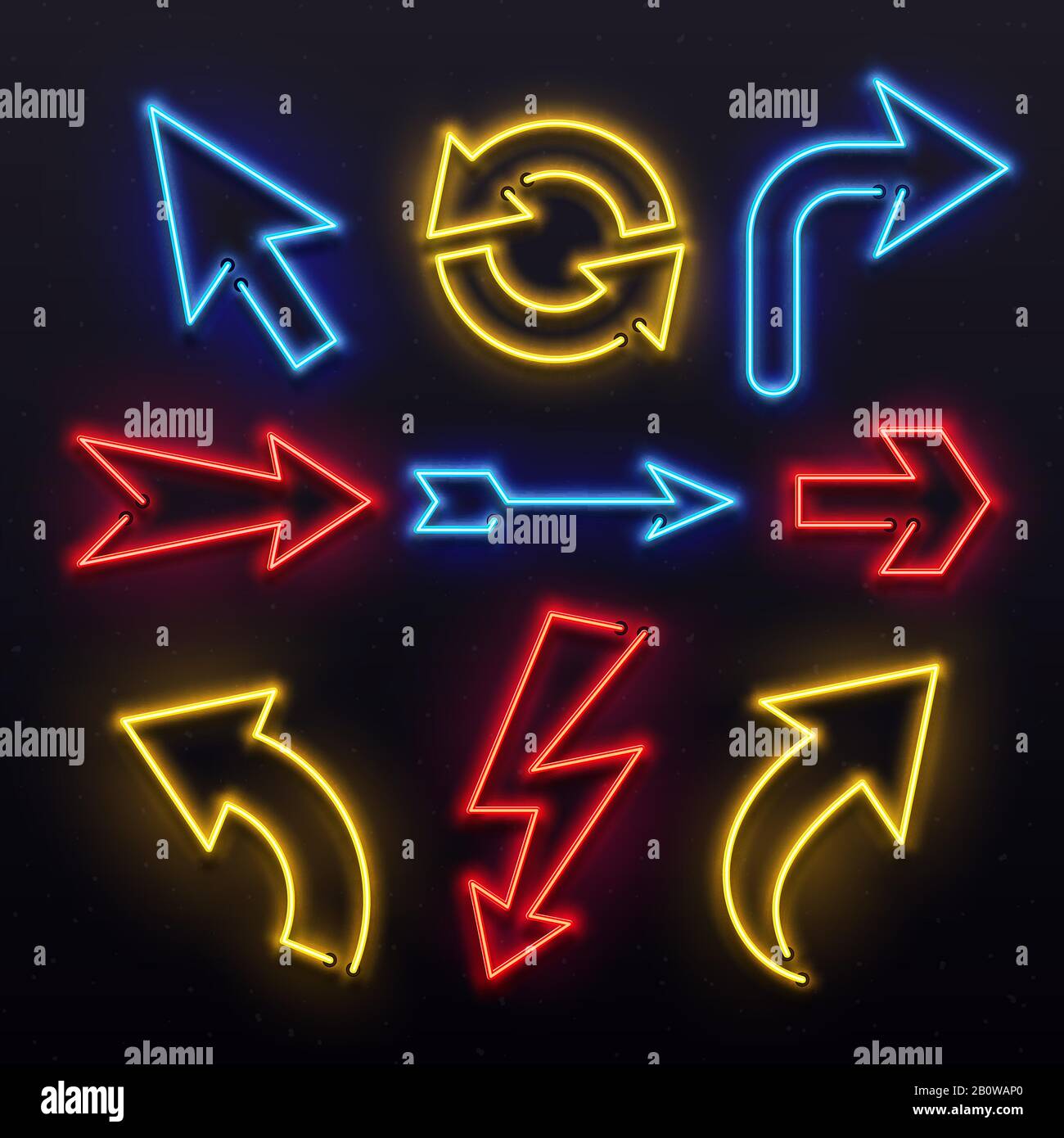 Neon light arrows. Colorful bulb lines arrow. Nightlife tube lights ...