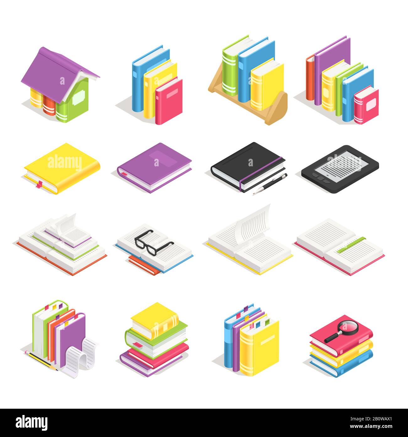 Isometric books. School textbook, book with bookmark and notebook with ...