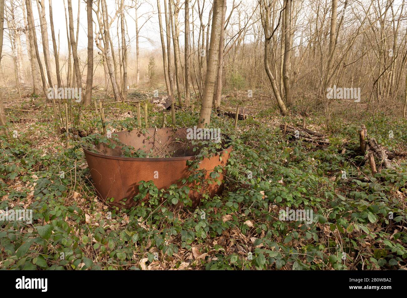 Discarded and rusting 8' steel woodland wood kiln for making charcoal ...