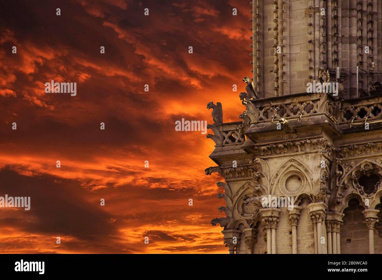 Fire of Notre Dame cathedral in Paris. Close up gargoyles Stock Photo ...