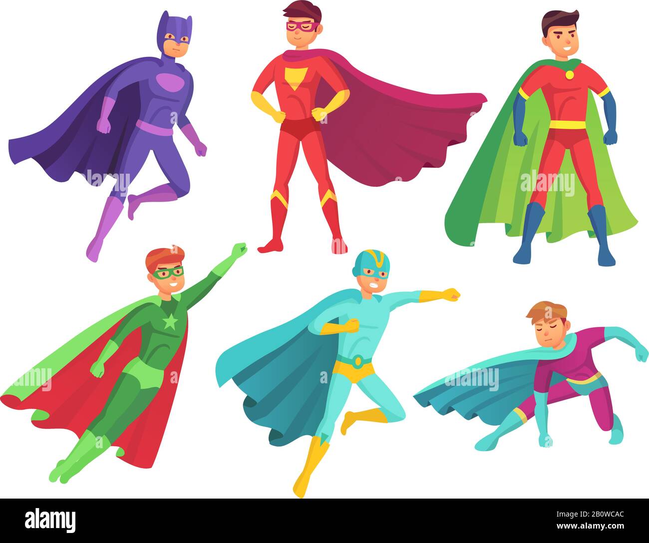Superhero man characters. Cartoon muscular hero character in colorful ...