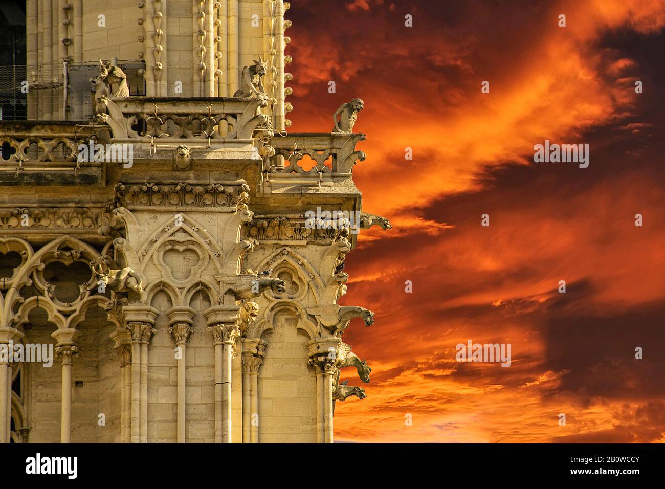 Fire of Notre Dame cathedral in Paris. Close up gargoyles Stock Photo ...