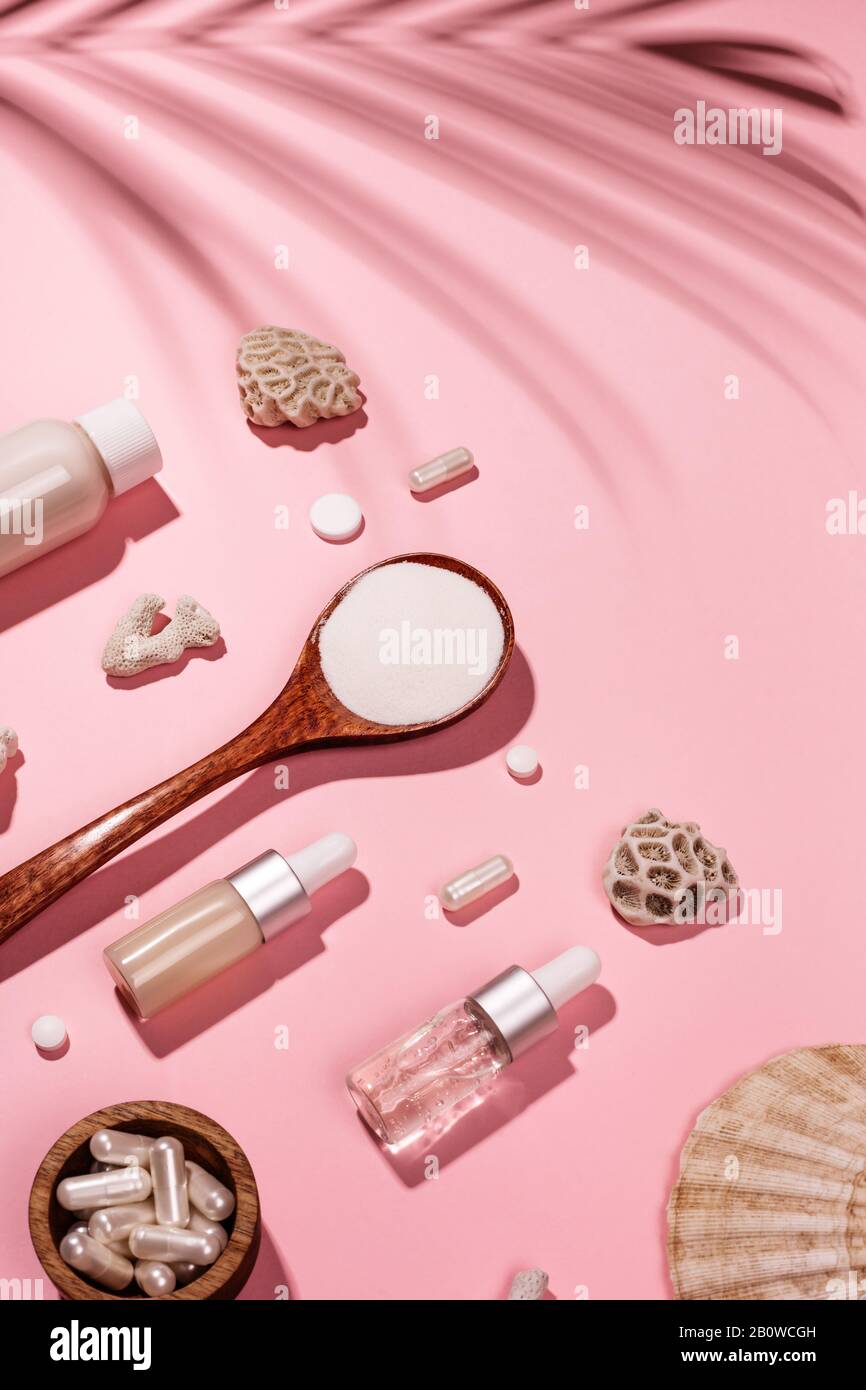 Different types of collagen. Powder, capsules, tablets and fluid Stock ...