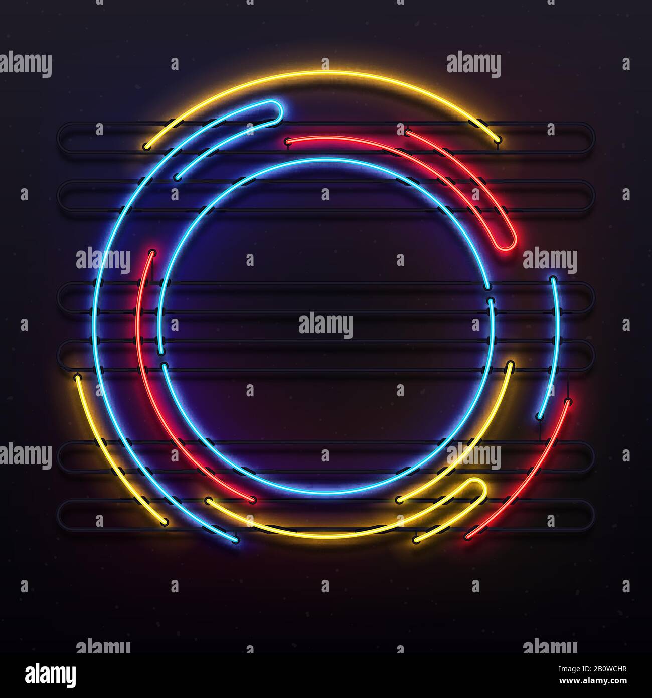 Circle neon lights frame. Colorful round tube lamp light on frame. Electric glowing disk vector ...