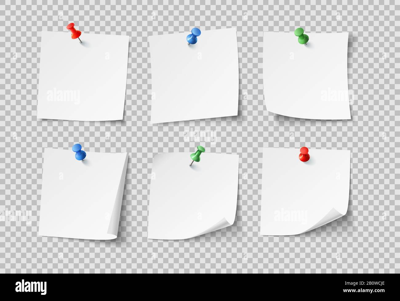 Note papers. White blank sticky notes with color pins. Nobody paper ...