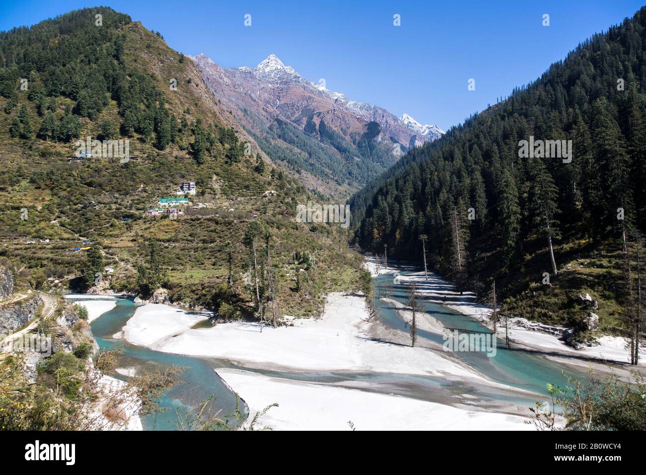 Beautiful blue water river confluence Parvati river and Tosh nala near ...