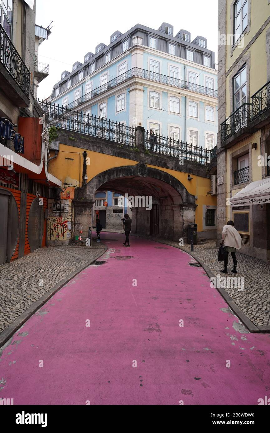 The Pink Street in Cais do Sodre, Lisbon, Portugal, during the day ...