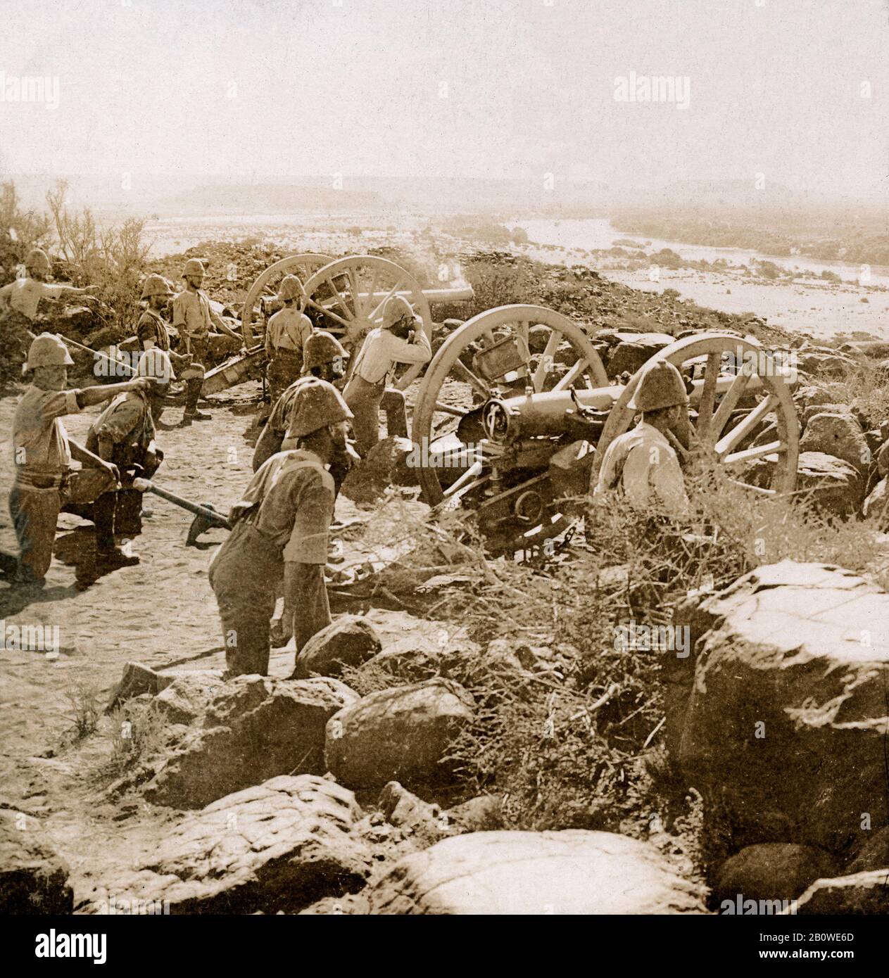 Cape Garrison artillery firing cannon across the Modder River, Boer War ...