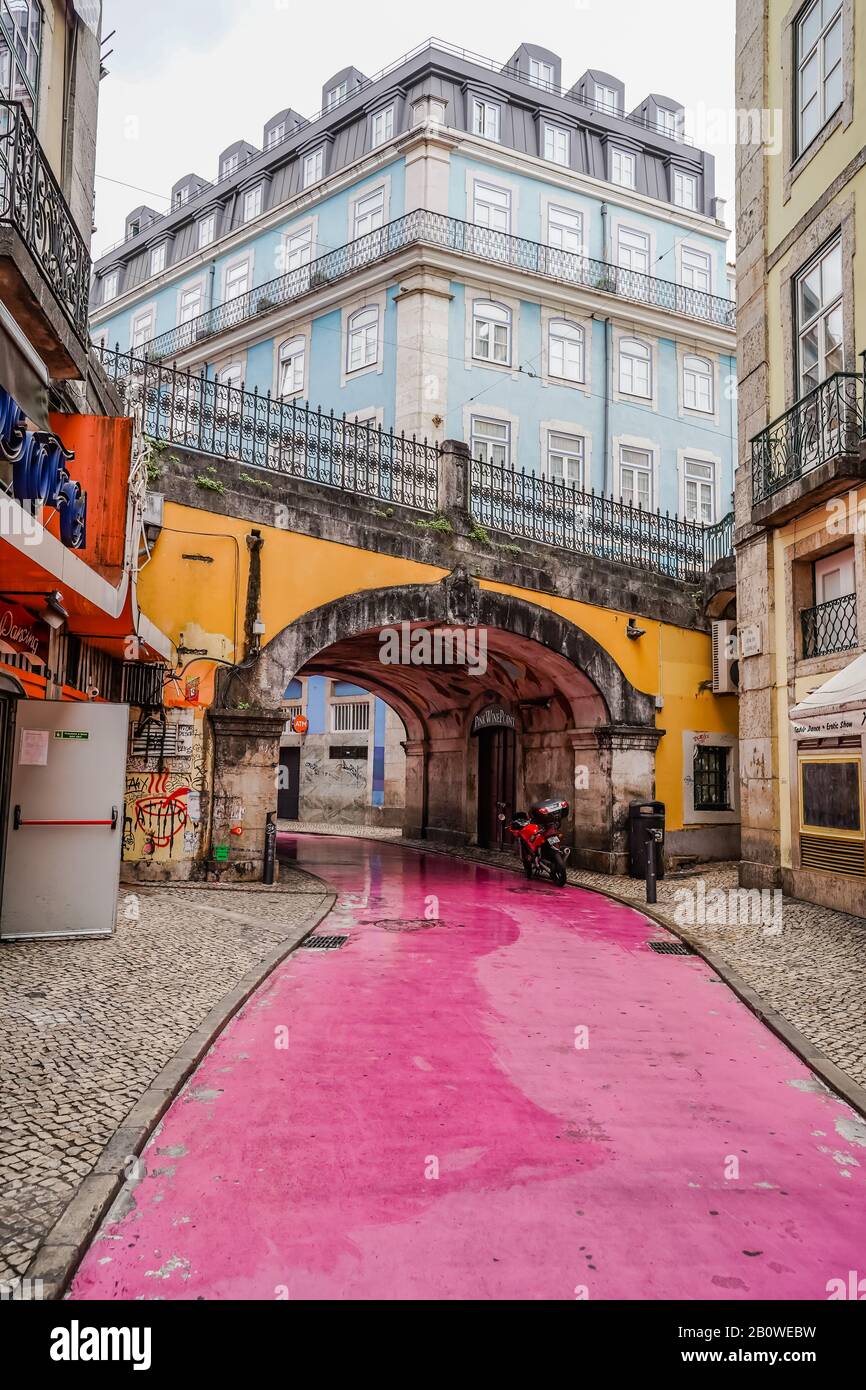 The Pink Street in Cais do Sodre, Lisbon, Portugal, during the day ...