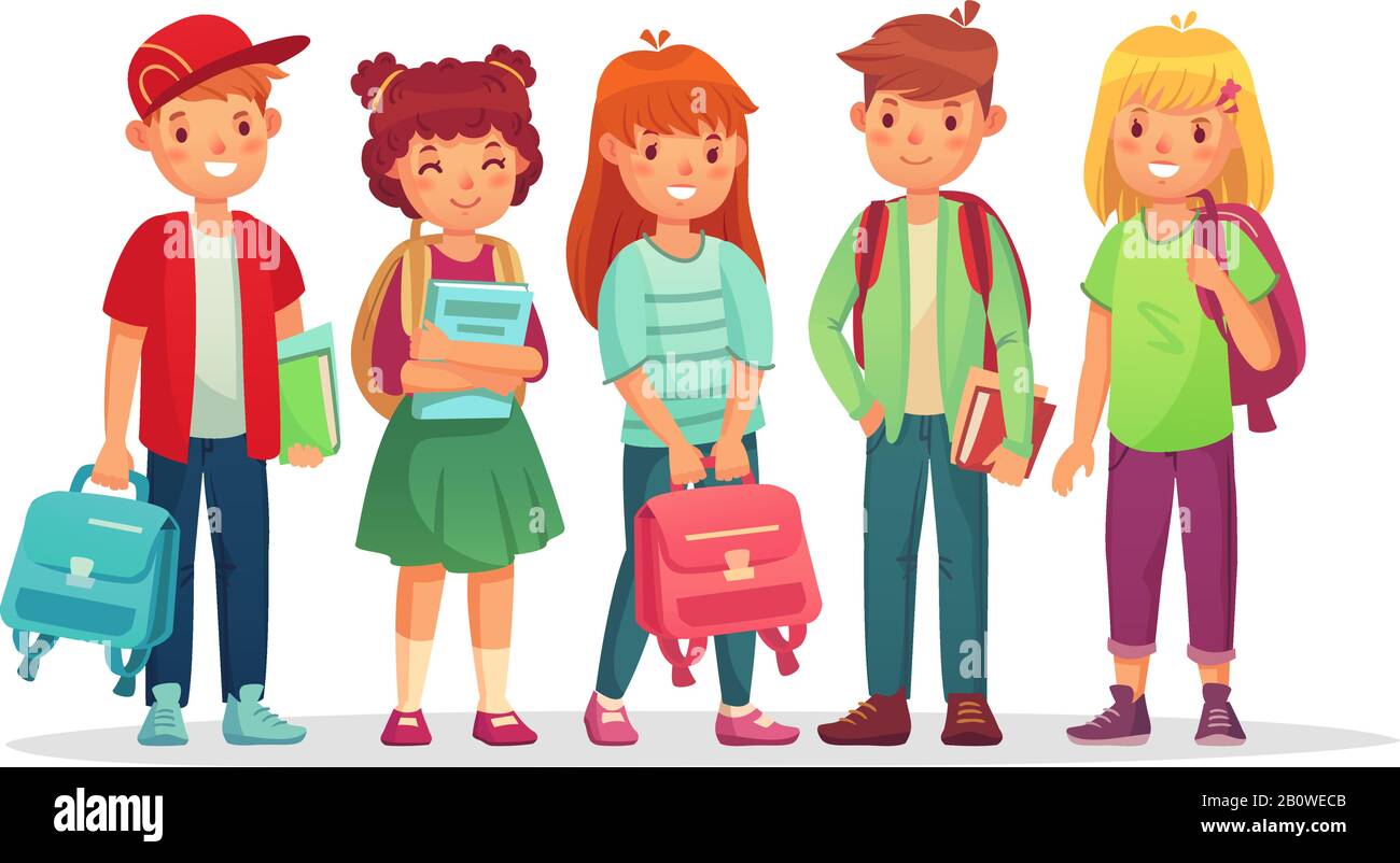 Group teen pupils. School boys and girls teens students with backpack and books. Kids pupil ...