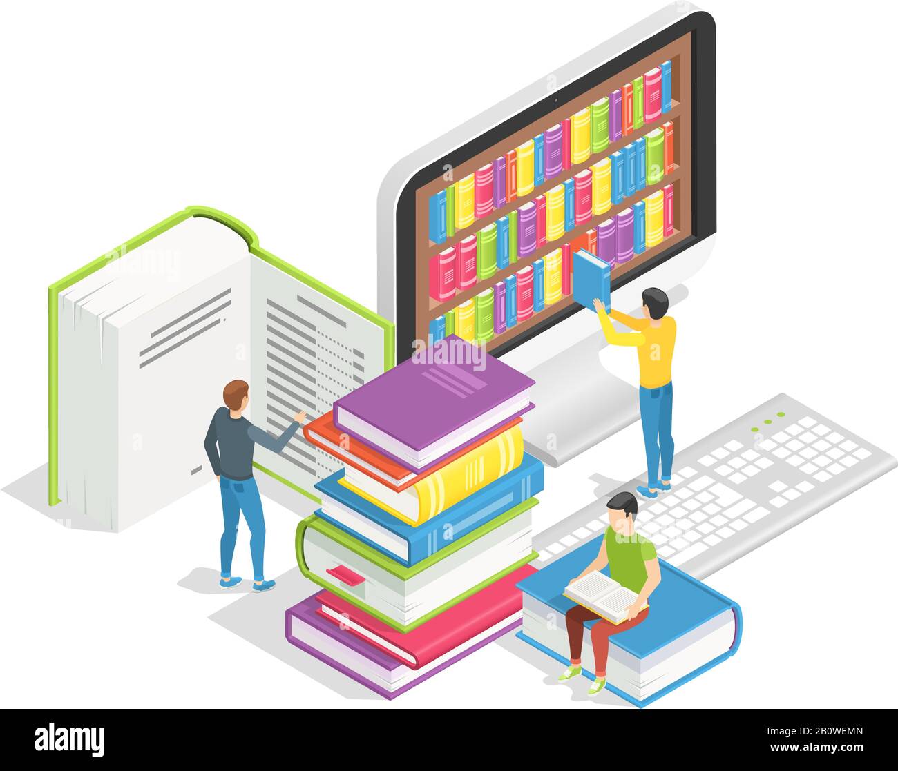 Book reading concept. Small people with huge books. Education online ...