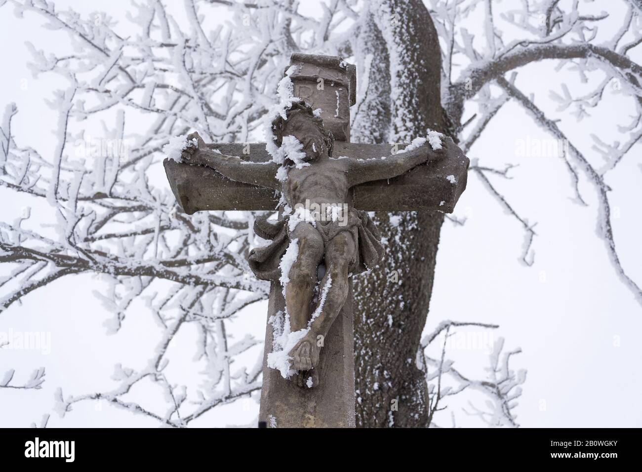 Beautiful Jesus Christ crucifix statue cover with snow, tree in ...