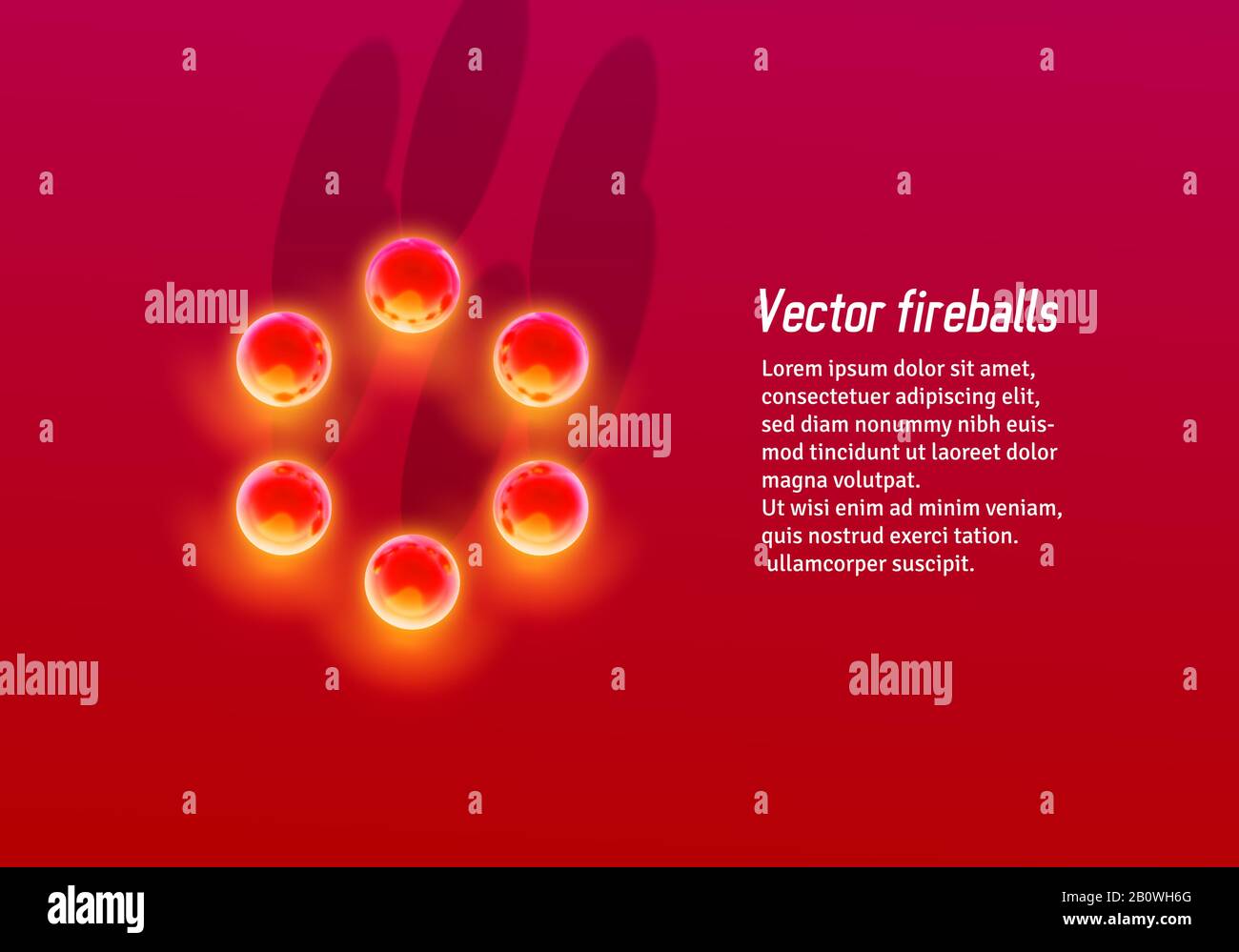 Abstract red background with hot metallic fire balls circle in unusual ...