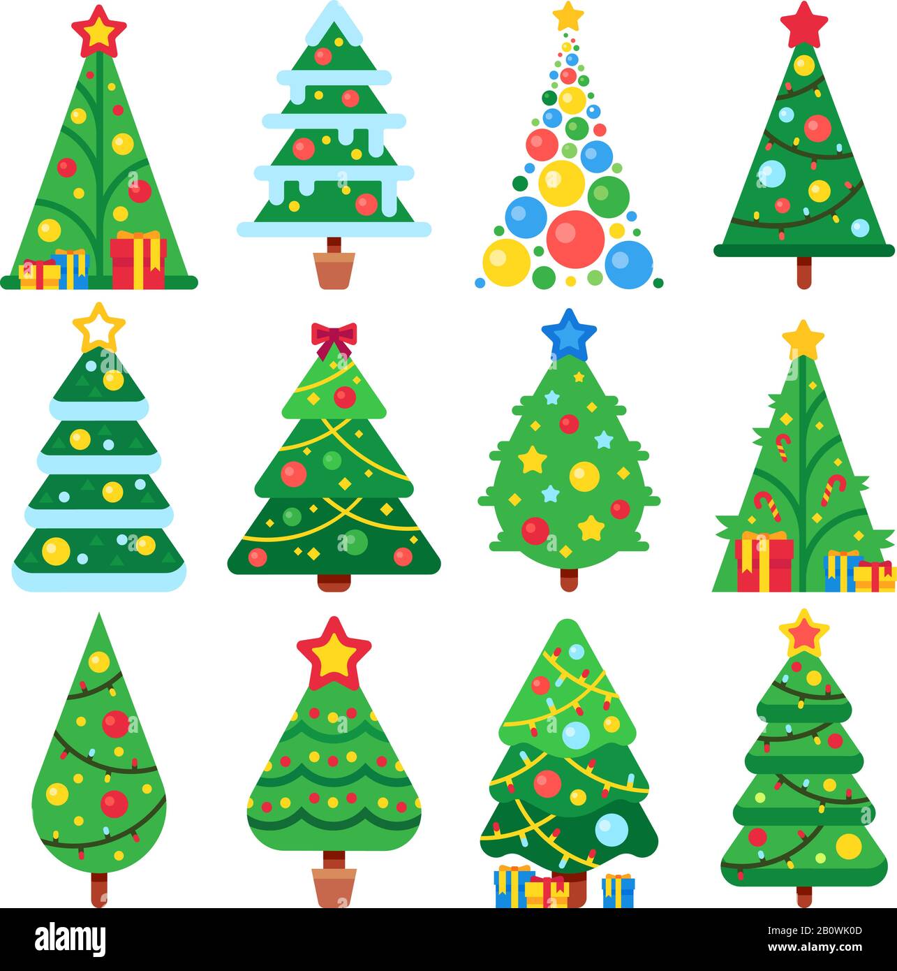 Flat green christmas trees. December holidays modern tree with snow ...