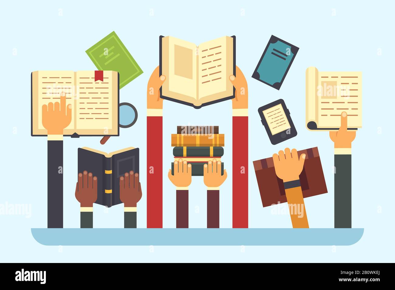 Books in hands. Reading library book. Hand holding textbook, read and ...