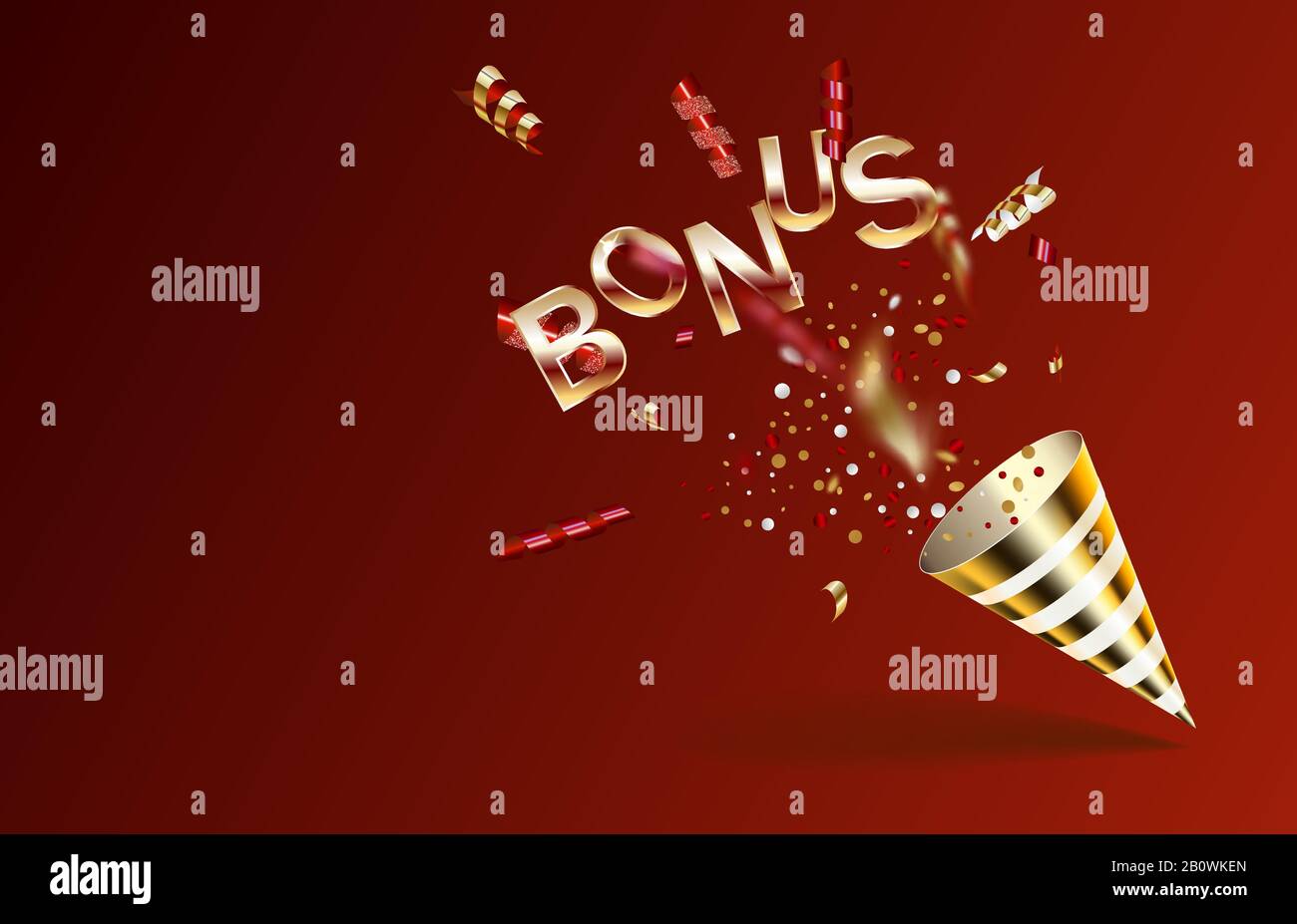 Bonus. Red and gold party Popper with exploding confetti particles ...