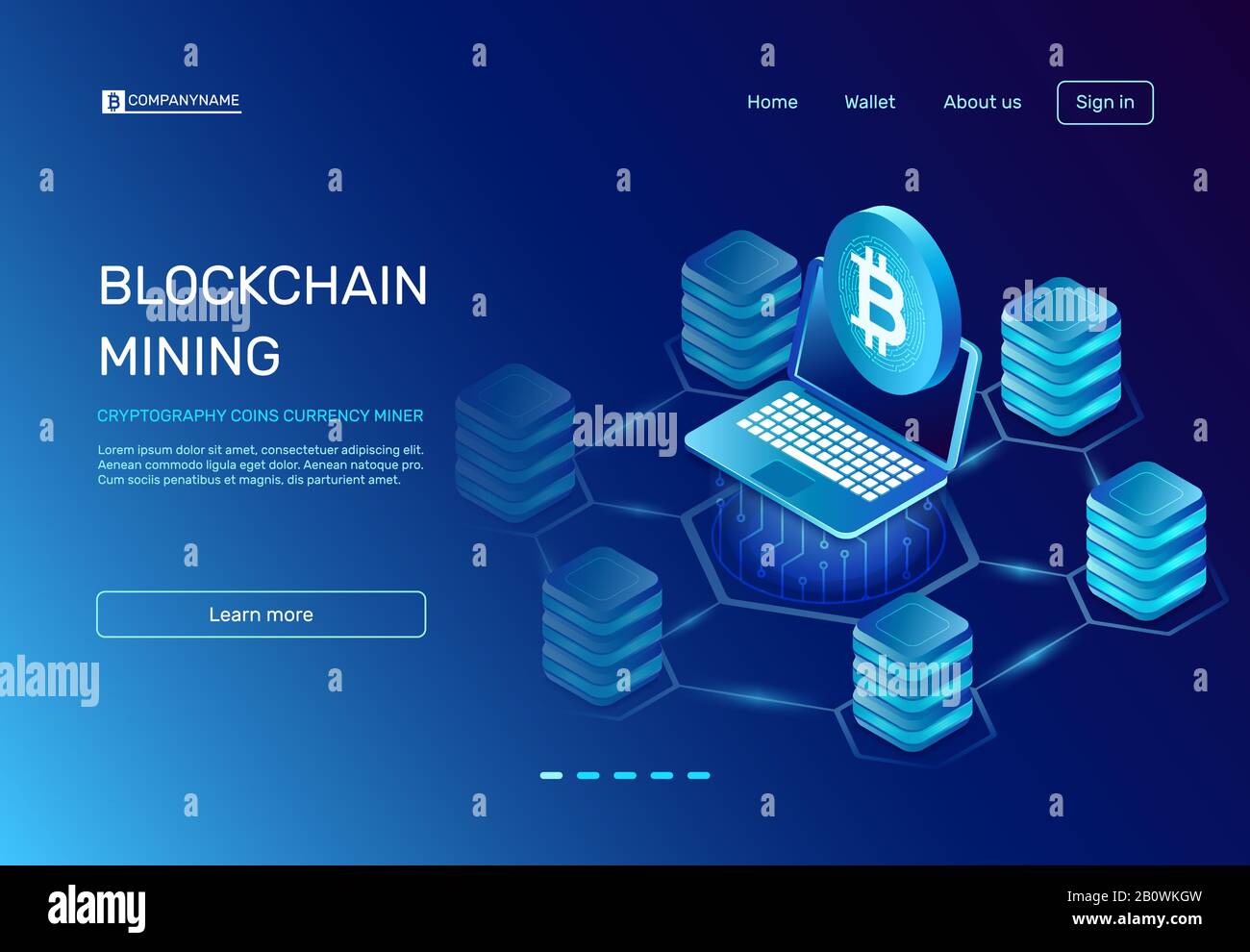 Blockchain mining. Cryptography coins currency miner on laptop ...