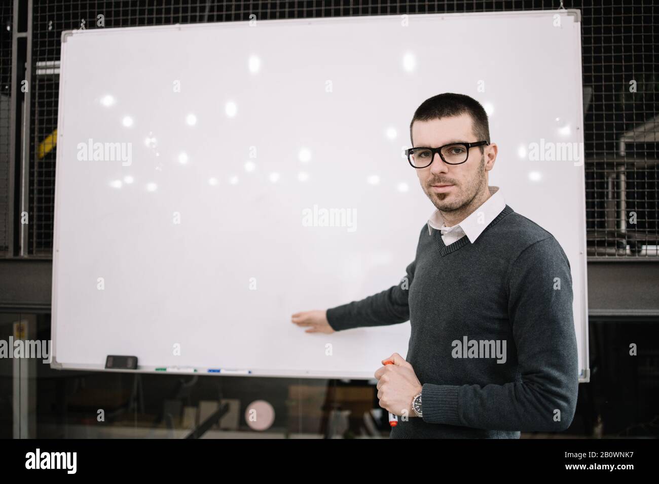 Portrait of a lecturer pointing at whiteboard. Professional young man ...