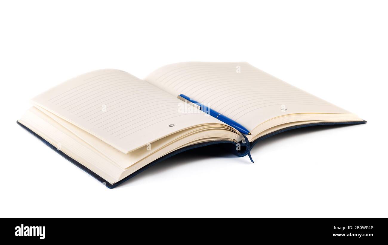 An open notebook and pen isolated on a white background Stock Photo - Alamy