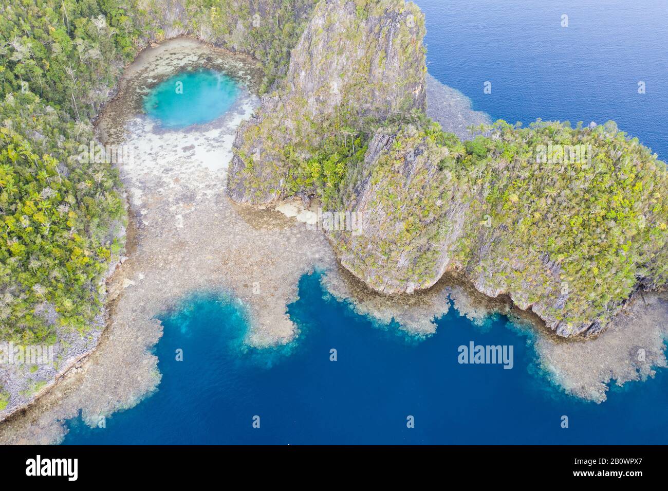 Rugged limestone islands rise from the serene seascape in Raja Ampat ...