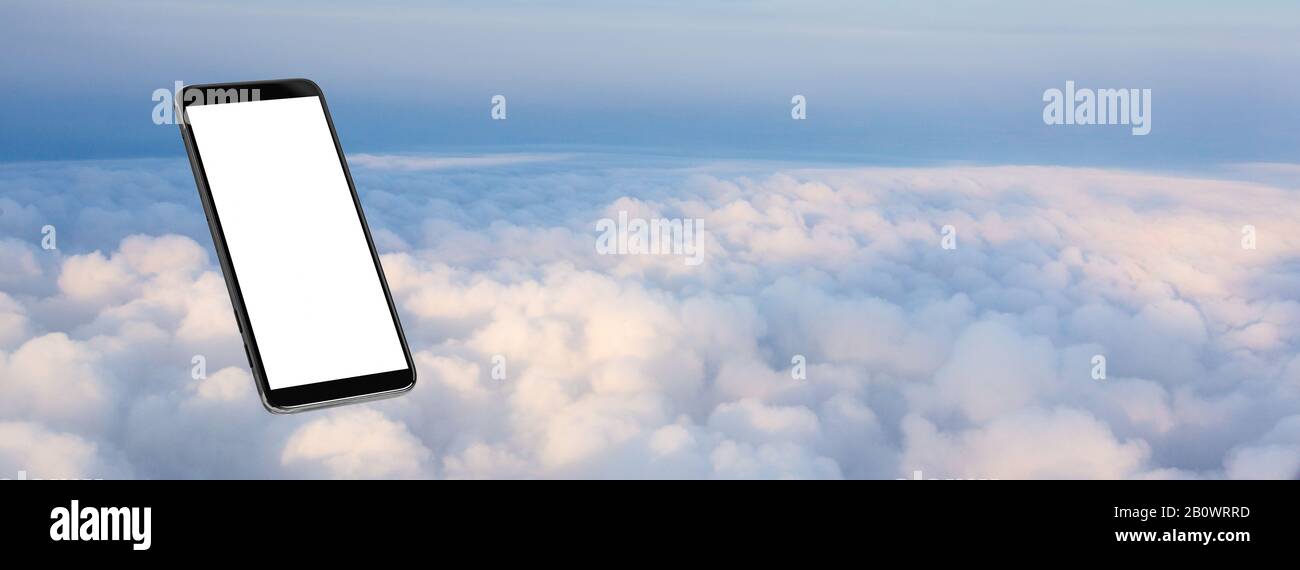 concept - of cell phone floating in the clouds with white screen - easy ...