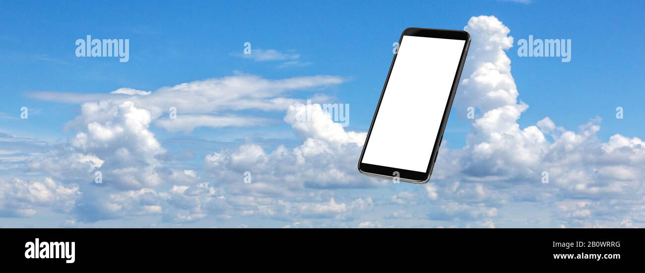 concept - of cell phone floating in the clouds with white screen - easy ...