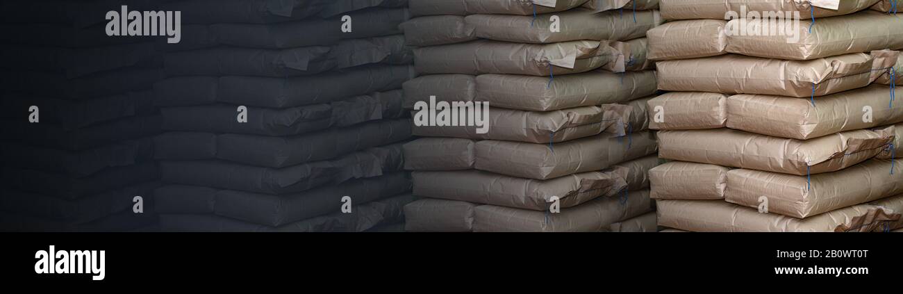 Brown sacks store in industrial warehouse. Background with copy space ...