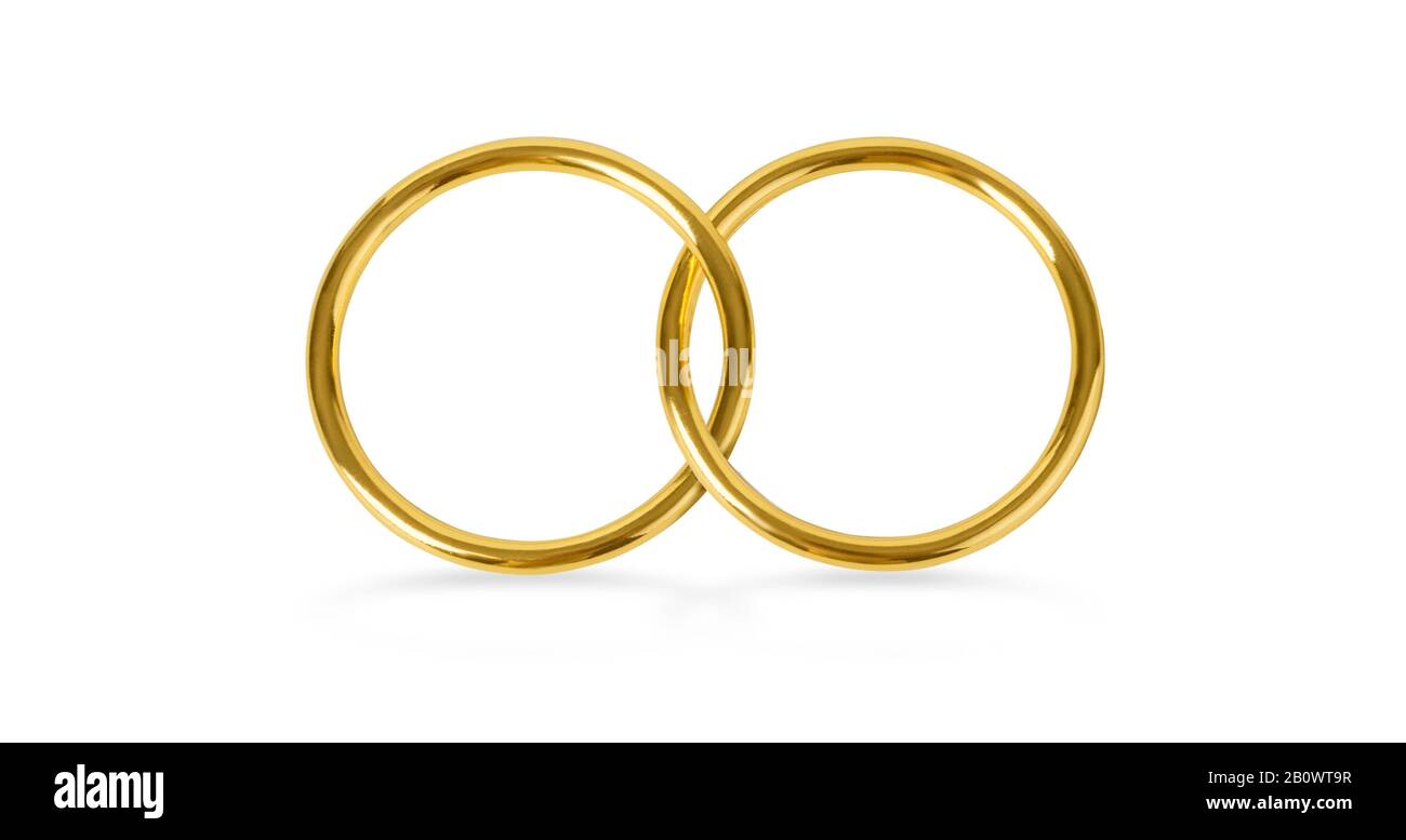 Golden rings isolated on white background. Wedding rings top view.With ...